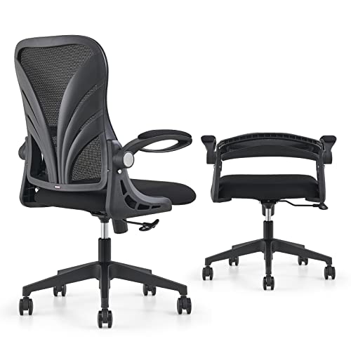 HOLLUDLE Ergonomic Office Chair with Foldable Backrest, Computer Desk Chair with Flip-up Armrests, Mesh Lumbar Support and Tilt Function Big and Tall Office Chair, Black