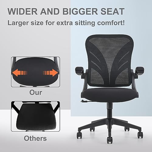 HOLLUDLE Ergonomic Office Chair with Foldable Backrest, Computer Desk Chair with Flip-up Armrests, Mesh Lumbar Support and Tilt Function Big and Tall Office Chair, Black