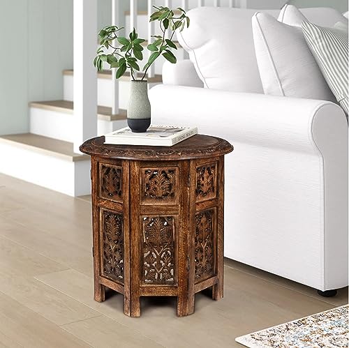 Goroly Home Solid Wood Hand Carved Accent Table, Side Table, Entryway Table, Wooden End Table, Octagonal Wooden Table - 18 Inch Round Top x 18 Inch High - Burnt