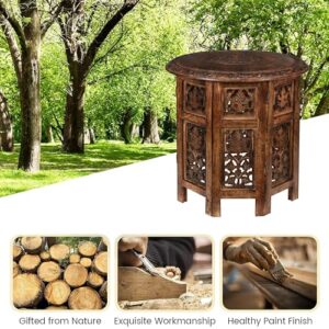 Goroly Home Solid Wood Hand Carved Accent Table, Side Table, Entryway Table, Wooden End Table, Octagonal Wooden Table - 18 Inch Round Top x 18 Inch High - Burnt