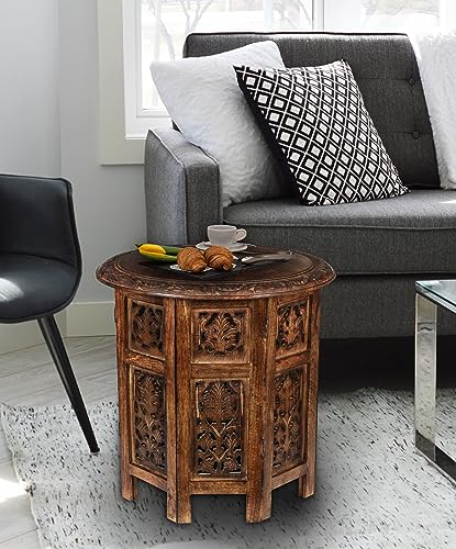 Goroly Home Solid Wood Hand Carved Accent Table, Side Table, Entryway Table, Wooden End Table, Octagonal Wooden Table - 18 Inch Round Top x 18 Inch High - Burnt