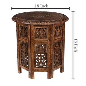 Goroly Home Solid Wood Hand Carved Accent Table, Side Table, Entryway Table, Wooden End Table, Octagonal Wooden Table - 18 Inch Round Top x 18 Inch High - Burnt