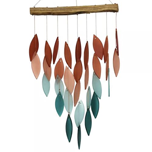 Blue Handworks Coral Ombre Waterfall Glass and Driftwood Chime, Sandblasted Glass and Found Wood Handcrafted Wind Chime