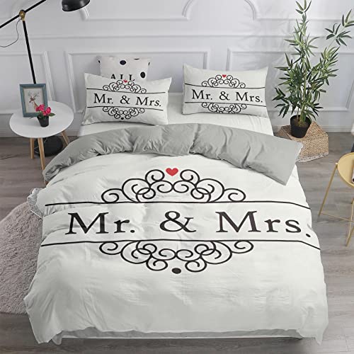 3 Pieces Mr and Mrs Beding Duvet Cover Set, His Side Her Side Personalized Couple Comforter Cover Set(No Comforter), Romantic Wedding Valentines Day Gift for Boyfriend Girlfriend,White,King(104" x 90"