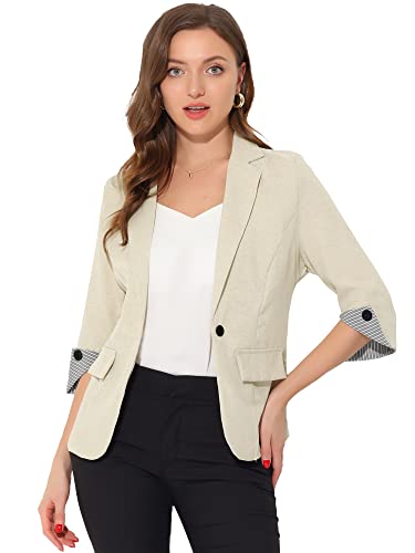 Allegra K Women's Suit Jacket Notched Lapel Collar 3/4 Sleeve Button Front Work Formal Blazer X-Small Beige