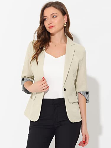 Allegra K Women's Suit Jacket Notched Lapel Collar 3/4 Sleeve Button Front Work Formal Blazer X-Small Beige