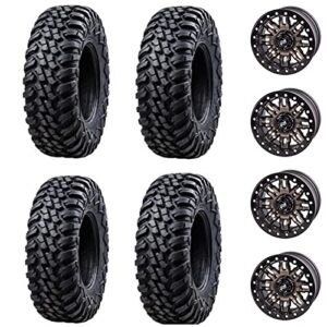 tusk racing four 30x10-14 tusk terrabite heavy duty 8-ply radial utv tires mounted on tusk teton beadlock wheels - polaris utvs - 4/156 bolt pattern - includes lug nuts (5+2 wheel offset, smoke)