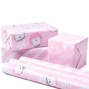 ruspepa wrapping paper rolls for baby shower, birthday- 17 inches x 10 feet per roll, total of 3 rolls, baby girl