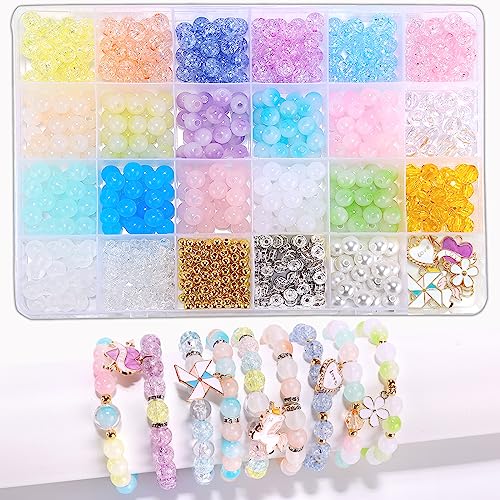 Enjoymade Transparent Color Glass Beads Bracelet Making Kit, Girls' Lovely Cute Necklace Jewelry DIY Bulk Acrylic Gradient Bubble Bead Jewelry, Birthday Gift