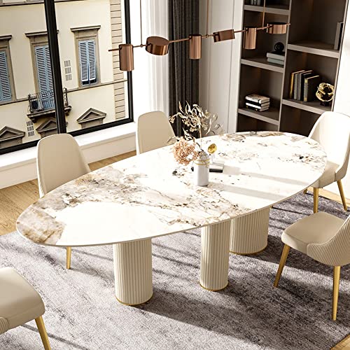 BAYCHEER Luxury Oval Dining Table Slate Stone Top Table with 3 Metal Base Kitchen Table - Gold 55.1" L x 31.5" W x 29.5" H (Table Only)