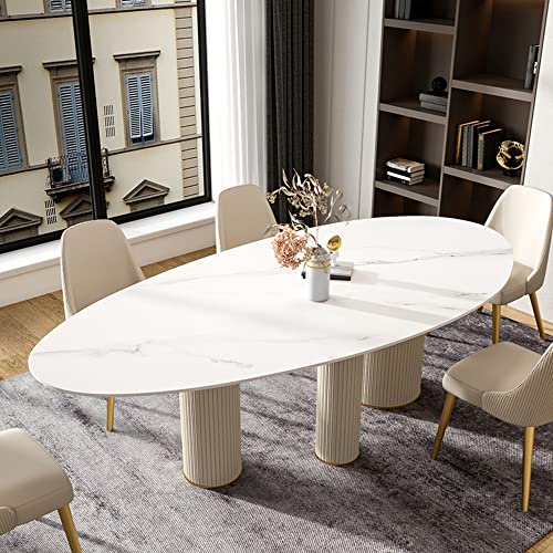 BAYCHEER Luxury Oval Dining Table Slate Stone Top Table with 3 Metal Base Kitchen Table - White 78.7" L x 39.4" W x 29.5" H (Table Only)