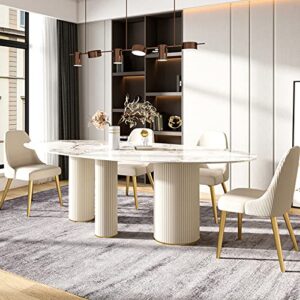 BAYCHEER Luxury Oval Dining Table Slate Stone Top Table with 3 Metal Base Kitchen Table - White 78.7" L x 39.4" W x 29.5" H (Table Only)