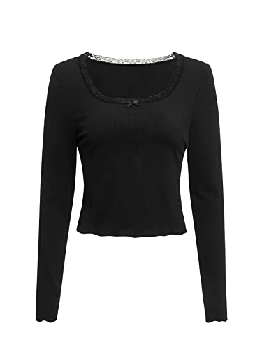 SOLY HUX Women's Y2K Long Sleeve Tops Scoop Neck Ribbed Knit Lace Trim T Shirts Slim Fitted Tees Pure Black S