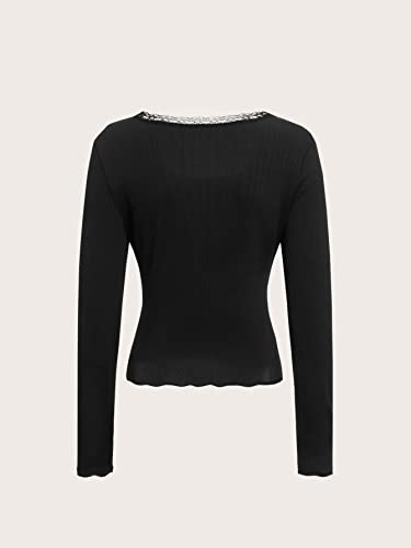 SOLY HUX Women's Y2K Long Sleeve Tops Scoop Neck Ribbed Knit Lace Trim T Shirts Slim Fitted Tees Pure Black S