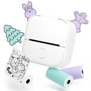 memoqueen mini sticker printer with 3 rolls paper t02 mini portable thermal printer,sticker maker machine for study, brithday gift, journal, work, children diy, compatible with phone & tablet, white