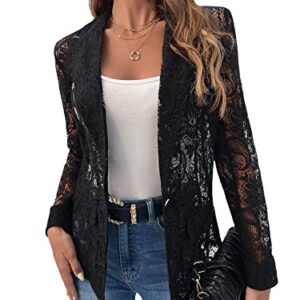 WDIRARA Women's Lace Open Front Long Sleeve Sheer Elegant Casual Blazer Jacket Black S