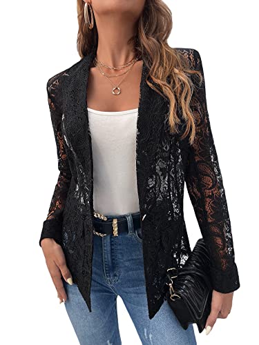 WDIRARA Women's Lace Open Front Long Sleeve Sheer Elegant Casual Blazer Jacket Black S