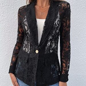 WDIRARA Women's Lace Open Front Long Sleeve Sheer Elegant Casual Blazer Jacket Black S