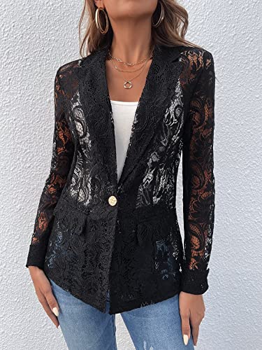 WDIRARA Women's Lace Open Front Long Sleeve Sheer Elegant Casual Blazer Jacket Black S