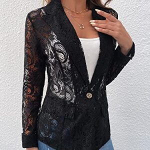 WDIRARA Women's Lace Open Front Long Sleeve Sheer Elegant Casual Blazer Jacket Black S