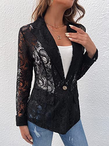 WDIRARA Women's Lace Open Front Long Sleeve Sheer Elegant Casual Blazer Jacket Black S