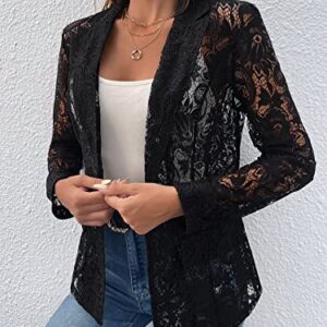 WDIRARA Women's Lace Open Front Long Sleeve Sheer Elegant Casual Blazer Jacket Black S