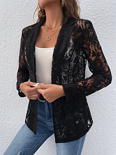 WDIRARA Women's Lace Open Front Long Sleeve Sheer Elegant Casual Blazer Jacket Black S