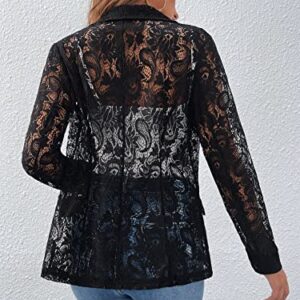 WDIRARA Women's Lace Open Front Long Sleeve Sheer Elegant Casual Blazer Jacket Black S