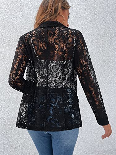 WDIRARA Women's Lace Open Front Long Sleeve Sheer Elegant Casual Blazer Jacket Black S