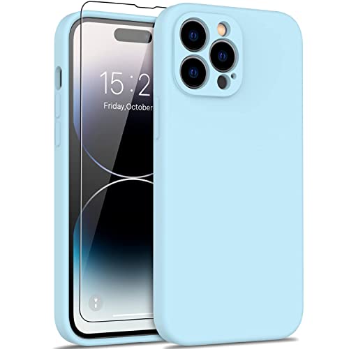 DEENAKIN Compatible with iPhone 14 Pro Max Case with Screen Protector - Silky Soft Silicone - Enhanced Camera Cover - Slim Fit Protective Phone Case for Women Girls 6.7" - Ice Blue