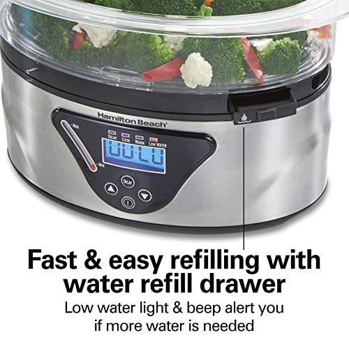 Hamilton Beach Digital Electric Food Steamer & Rice Cooker for Quick, Healthy Cooking with Stackable Three-Tier Bowls for Vegetables and Seafood, 8.25 Quart, Black & Stainless Steel