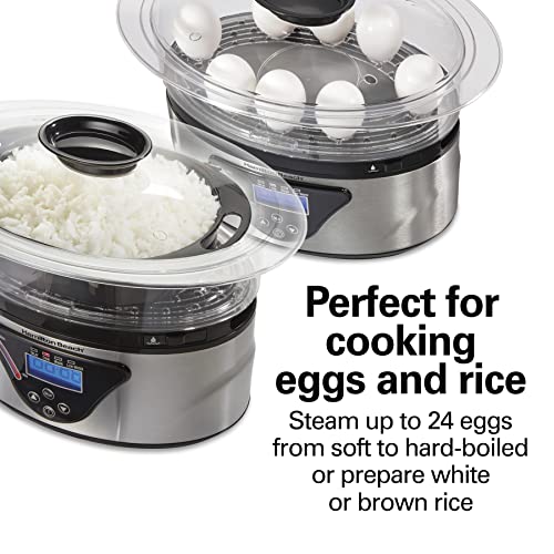 Hamilton Beach Digital Electric Food Steamer & Rice Cooker for Quick, Healthy Cooking with Stackable Three-Tier Bowls for Vegetables and Seafood, 8.25 Quart, Black & Stainless Steel