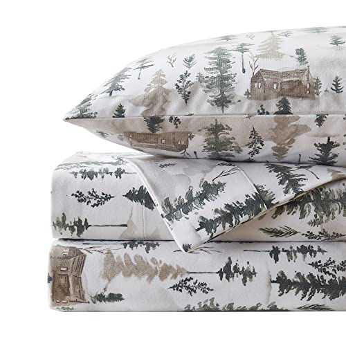 Flannel Sheets Warm and Cozy Deep Pocket Breathable All Season Bedding Set with Fitted, Flat and Pillowcases, King, Winter Cabin Lodge