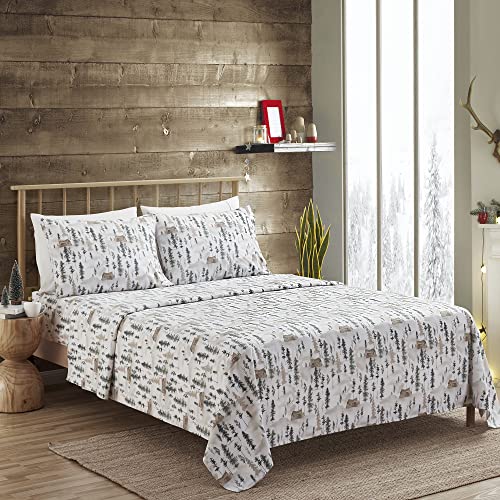 Flannel Sheets Warm and Cozy Deep Pocket Breathable All Season Bedding Set with Fitted, Flat and Pillowcases, King, Winter Cabin Lodge