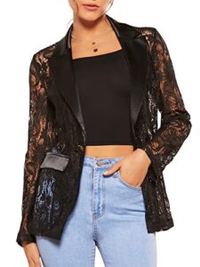 wdirara women's floral lace mesh one button lapel neck long sleeve elegant jacket blazer black s