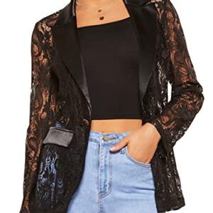 WDIRARA Women's Floral Lace Mesh One Button Lapel Neck Long Sleeve Elegant Jacket Blazer Black S