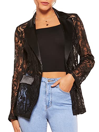 WDIRARA Women's Floral Lace Mesh One Button Lapel Neck Long Sleeve Elegant Jacket Blazer Black S