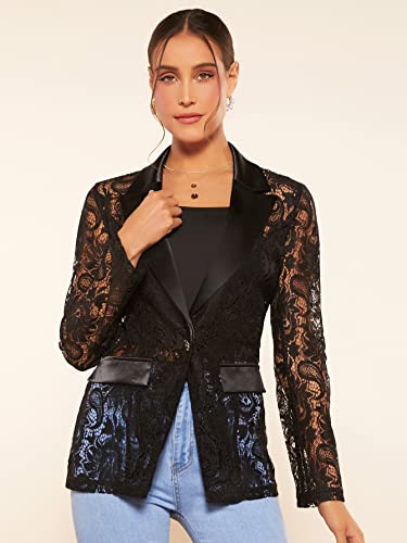 WDIRARA Women's Floral Lace Mesh One Button Lapel Neck Long Sleeve Elegant Jacket Blazer Black S