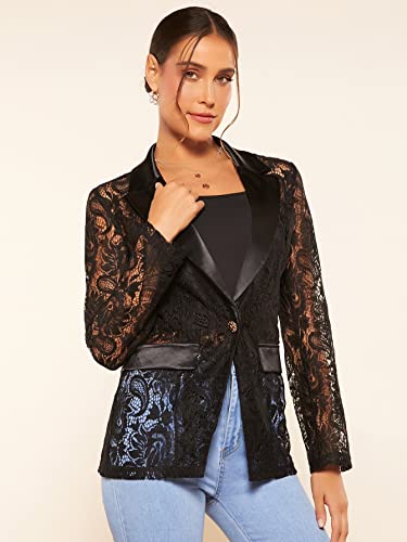 WDIRARA Women's Floral Lace Mesh One Button Lapel Neck Long Sleeve Elegant Jacket Blazer Black S