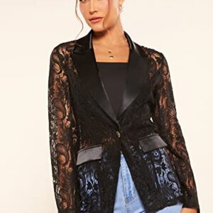 WDIRARA Women's Floral Lace Mesh One Button Lapel Neck Long Sleeve Elegant Jacket Blazer Black S