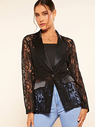 WDIRARA Women's Floral Lace Mesh One Button Lapel Neck Long Sleeve Elegant Jacket Blazer Black S