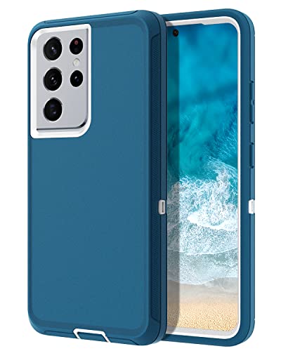 I-HONVA for Samsung Galaxy S21 Ultra Case Shockproof Dust/Drop Proof 3-Layer Full Body Protection [Without Screen Protector] Rugged Heavy Duty Cover Case for Galaxy S21 Ultra 5G 6.8,Turquoise/White