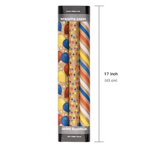 LeZakaa Birthday Kraft Wrapping Paper Roll - Mini Roll - Balloon, Dot and Stripe Design - 17 x 120 inches, 3 Rolls (42.5 sq.ft.ttl.)