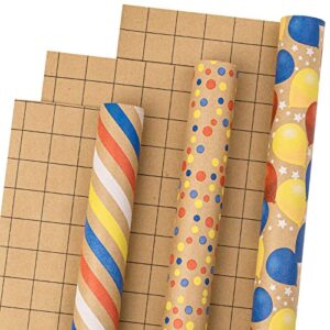 LeZakaa Birthday Kraft Wrapping Paper Roll - Mini Roll - Balloon, Dot and Stripe Design - 17 x 120 inches, 3 Rolls (42.5 sq.ft.ttl.)