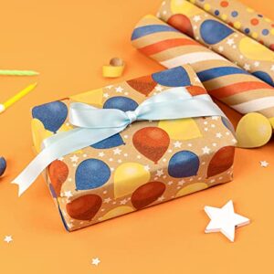 LeZakaa Birthday Kraft Wrapping Paper Roll - Mini Roll - Balloon, Dot and Stripe Design - 17 x 120 inches, 3 Rolls (42.5 sq.ft.ttl.)