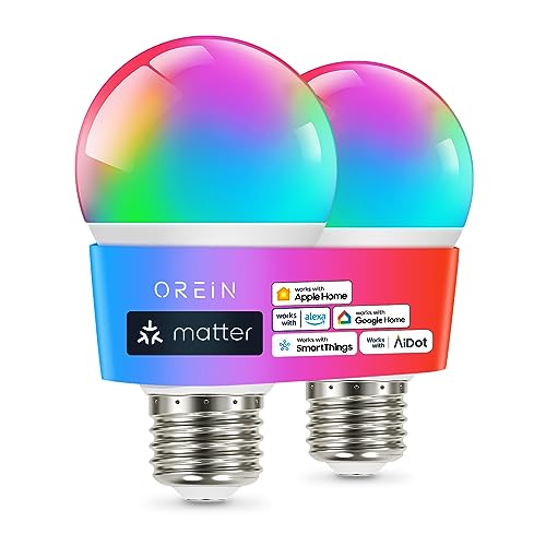 OREiN Matter Smart Light Bulbs Reliable WiFi Bulb with A19 E26 LED Color Changing 60W Equi 800LM CRI>90 Work Alexa/Google Home/Apple Home/SmartThings/Siri 2Pack