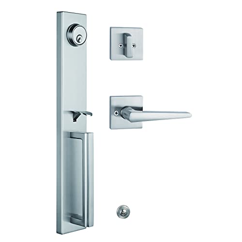 NEWBANG Silver Entry Door Lever Handleset Square Solid Single Lock Set for Front & Entrance Door with Satin Nickel Finished,MDHST2016SN-BR