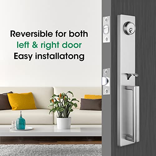 NEWBANG Silver Entry Door Lever Handleset Square Solid Single Lock Set for Front & Entrance Door with Satin Nickel Finished,MDHST2016SN-BR