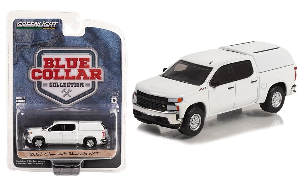 Greenlight 35240-F Blue Collar Collection Series 11-2022 Chevy Silverado W/T with Camper Shell - Summit White 1:64 Scale Diecast