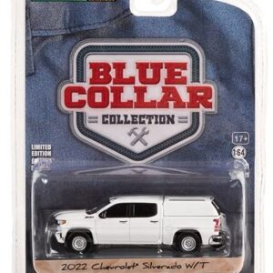 Greenlight 35240-F Blue Collar Collection Series 11-2022 Chevy Silverado W/T with Camper Shell - Summit White 1:64 Scale Diecast